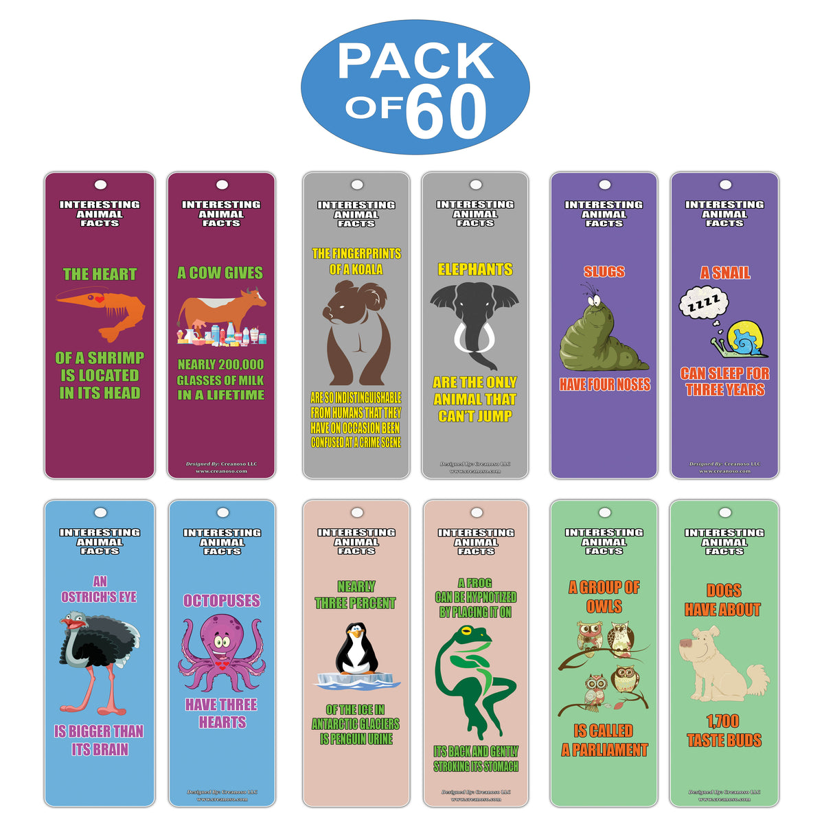 Creanoso Reading Learning Animal Facts Series 1 Bookmark Cards (60-Pac