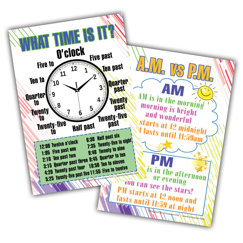 Telling Time Educational Learning Posters (24-Pack) – Creanoso