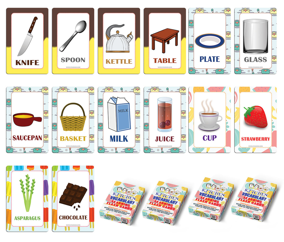 Kitchen Vocabulary Learning Cards (4-Deck X 54 Cards) – Creanoso