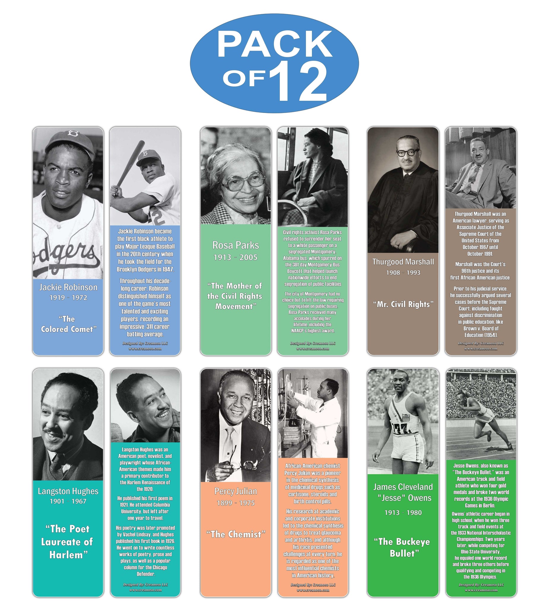 Creanoso Famous Historical African Americans Series 2 Bookmarks ÃƒÂ¢Ã¢