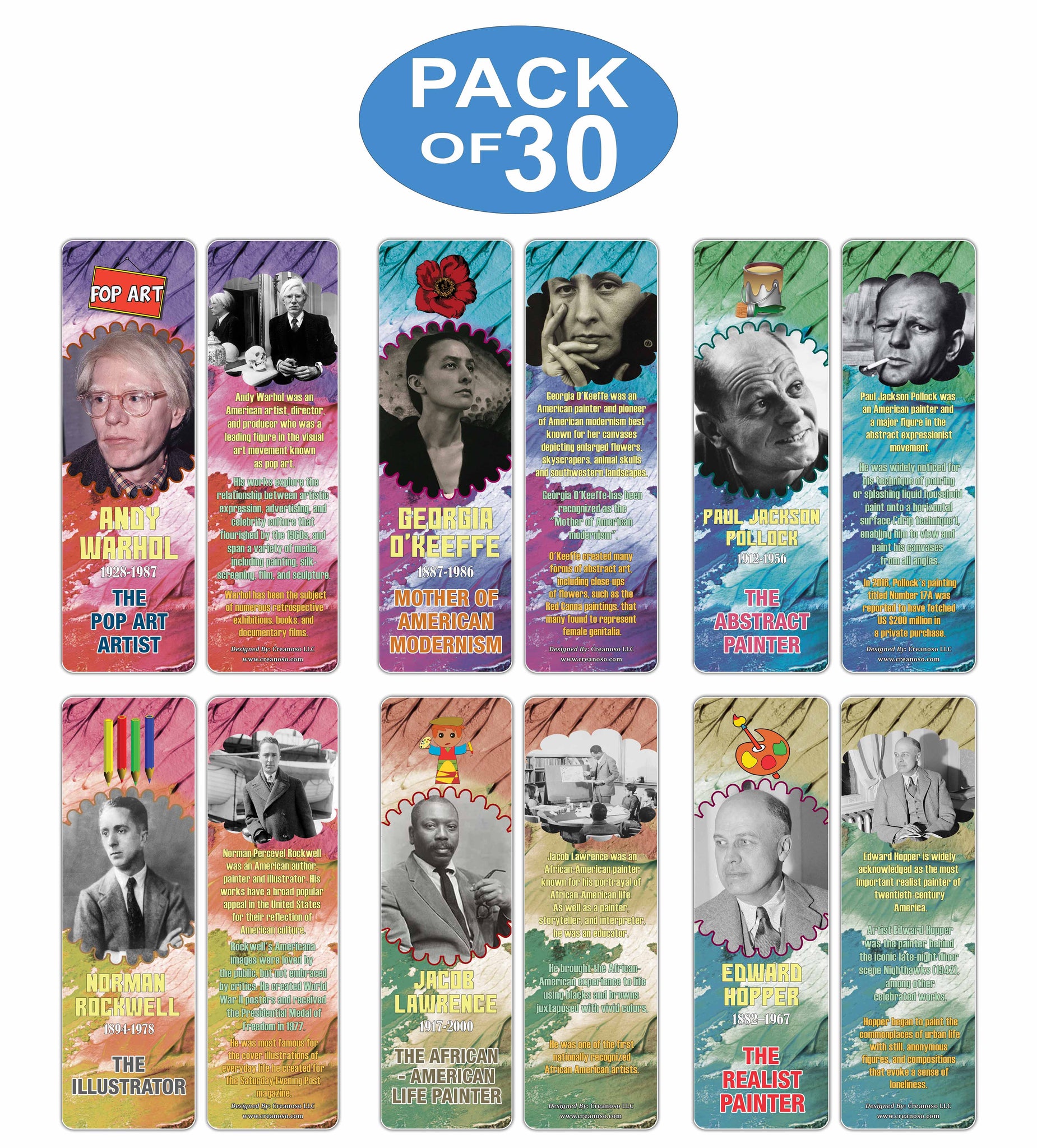 Creanoso Famous Historical Americans Artists Facts Bookmarks - Stockin