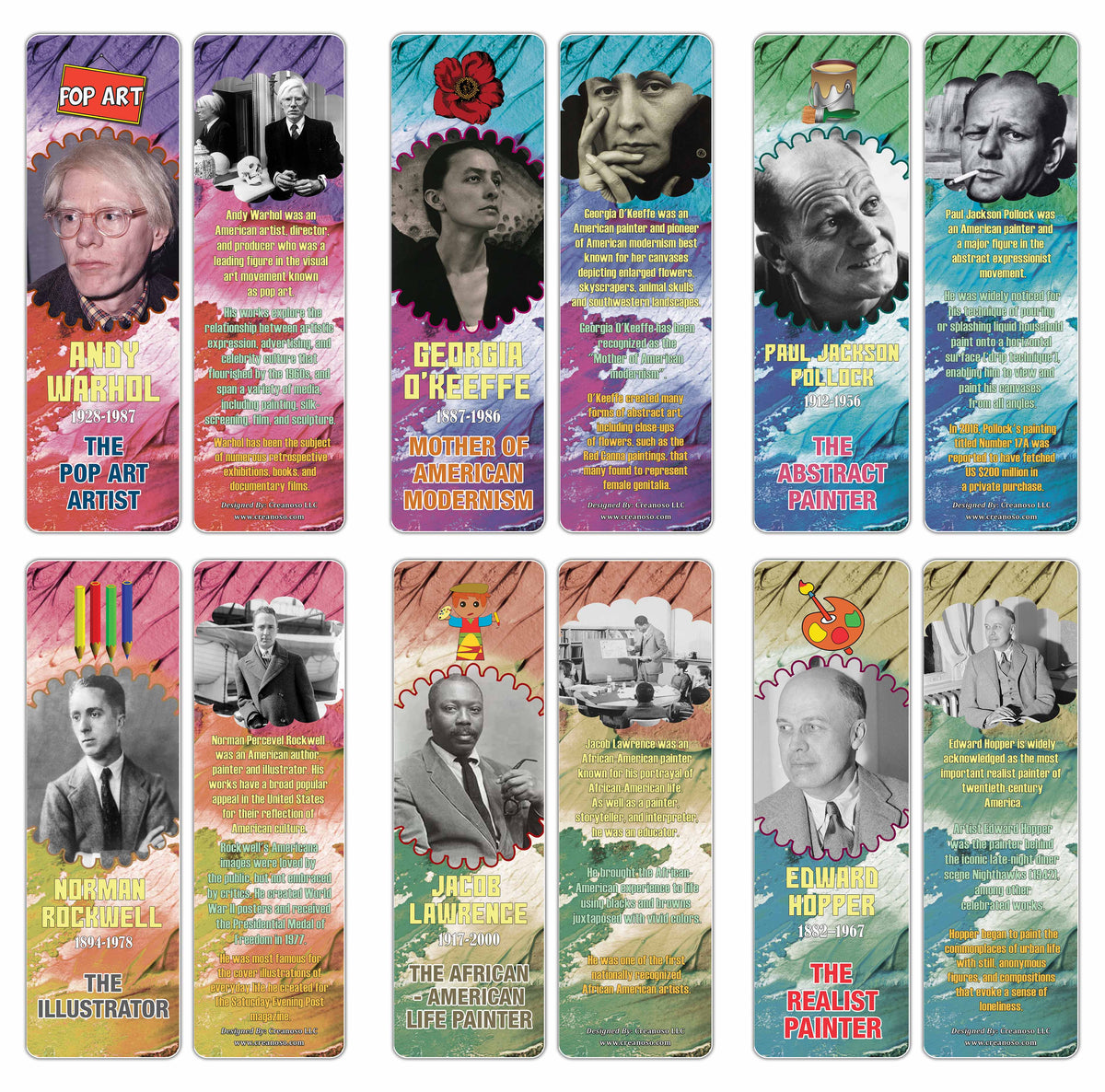 Creanoso Famous Historical Americans Artists Facts Bookmarks - Stockin