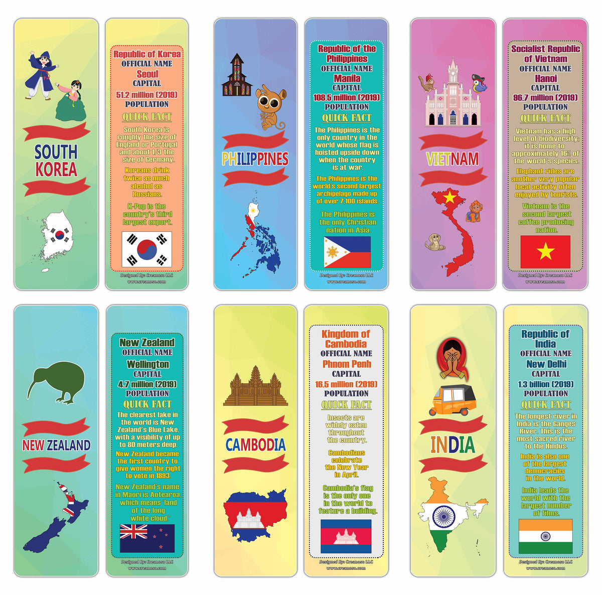 Creanoso Asia & Pacific Countries Facts Series 2 Bookmarks for KidsÃƒÂ