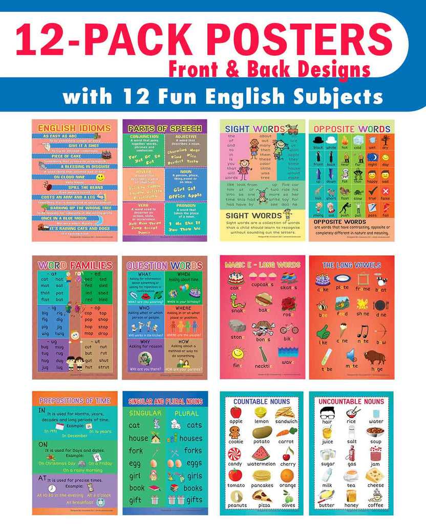 Fun English Learning Words Educational Posters (12-Pack) – Creanoso