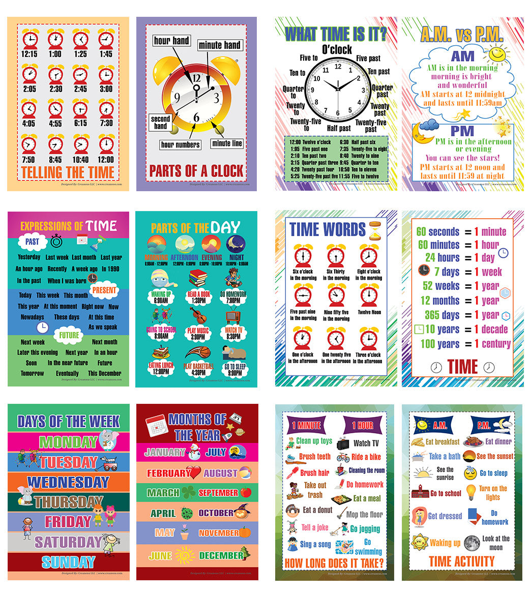 Telling Time Educational Learning Posters (6-Pack) – Creanoso