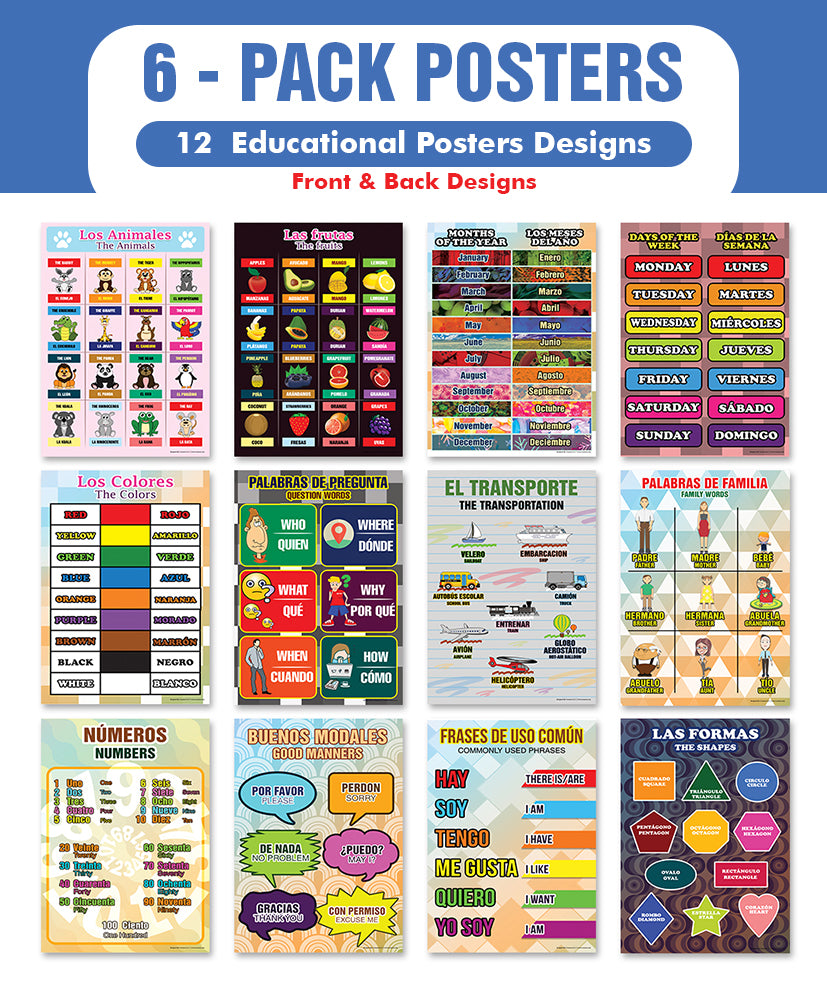 Spanish Vocabulary English Bilingual Educational Learning Posters (6-P ...