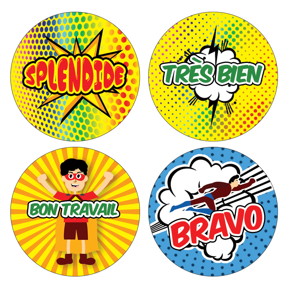 Kids French Reward Stickers - Superhero Comic - Colorful Educational S ...
