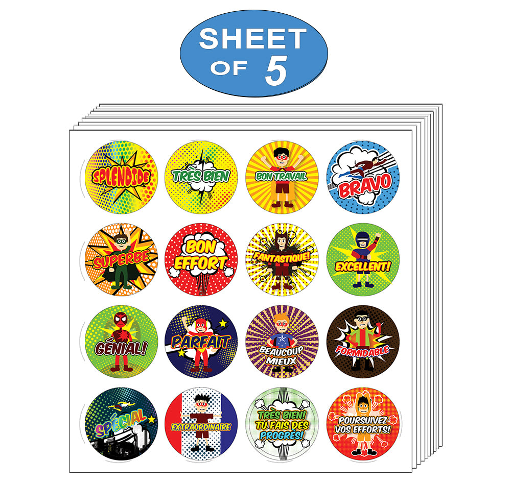 Kids French Reward Stickers - Superhero Comic - Colorful Educational S ...