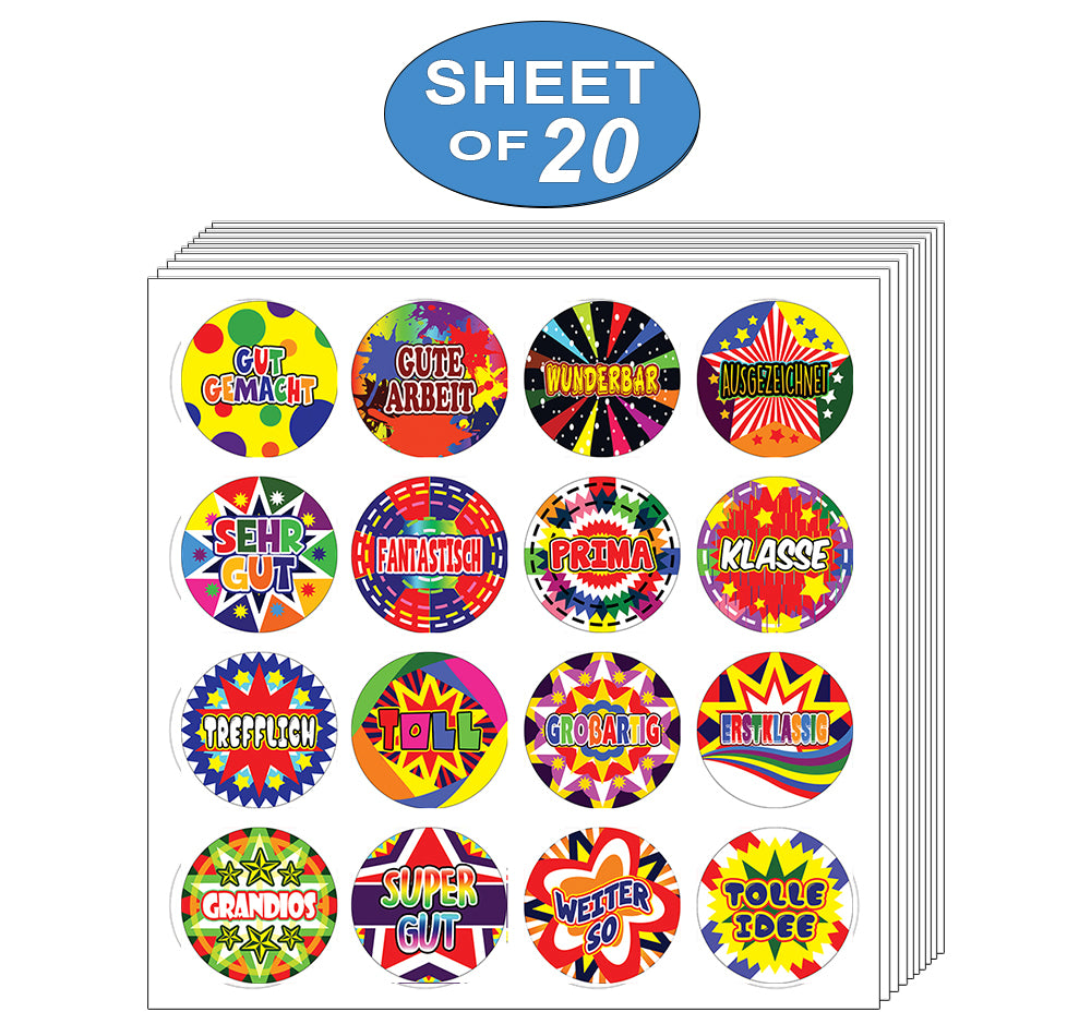 Creanoso German Praise Words Rewards Stickers for Kids (20-Sheets) Ã¢â