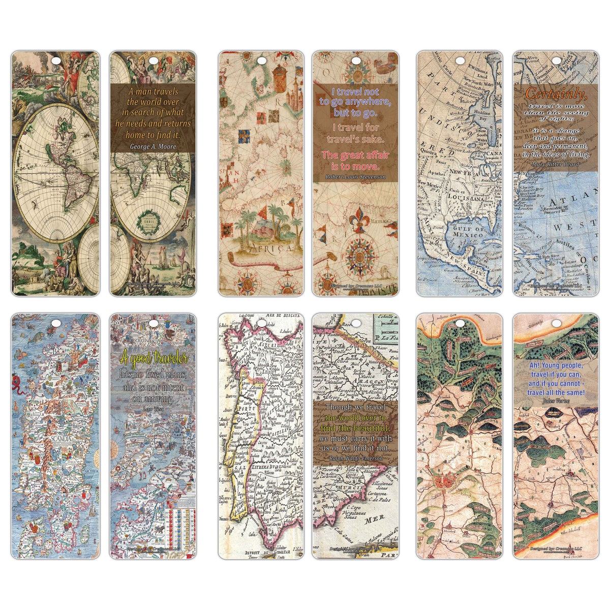 Creanoso Antique Map Travelers Quote Saying Premium Bookmarks (60-Pack